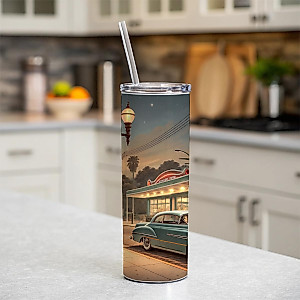 Retro Americana1950's Main Street Diner Skinny Tumbler 20oz with Straw Insulated Water Bottle Gift