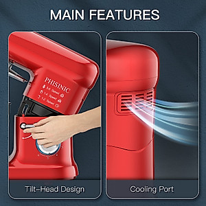 Stand Mixer, 5.8Qt Electric Mixer PHISINIC, 660W 6-Speed Tilt-Head Household Stand Mixer, Kitchen Food Mixer with Dough Hook, Wire Whip and Beater, for Baking, Cake, Cookie, Kneading