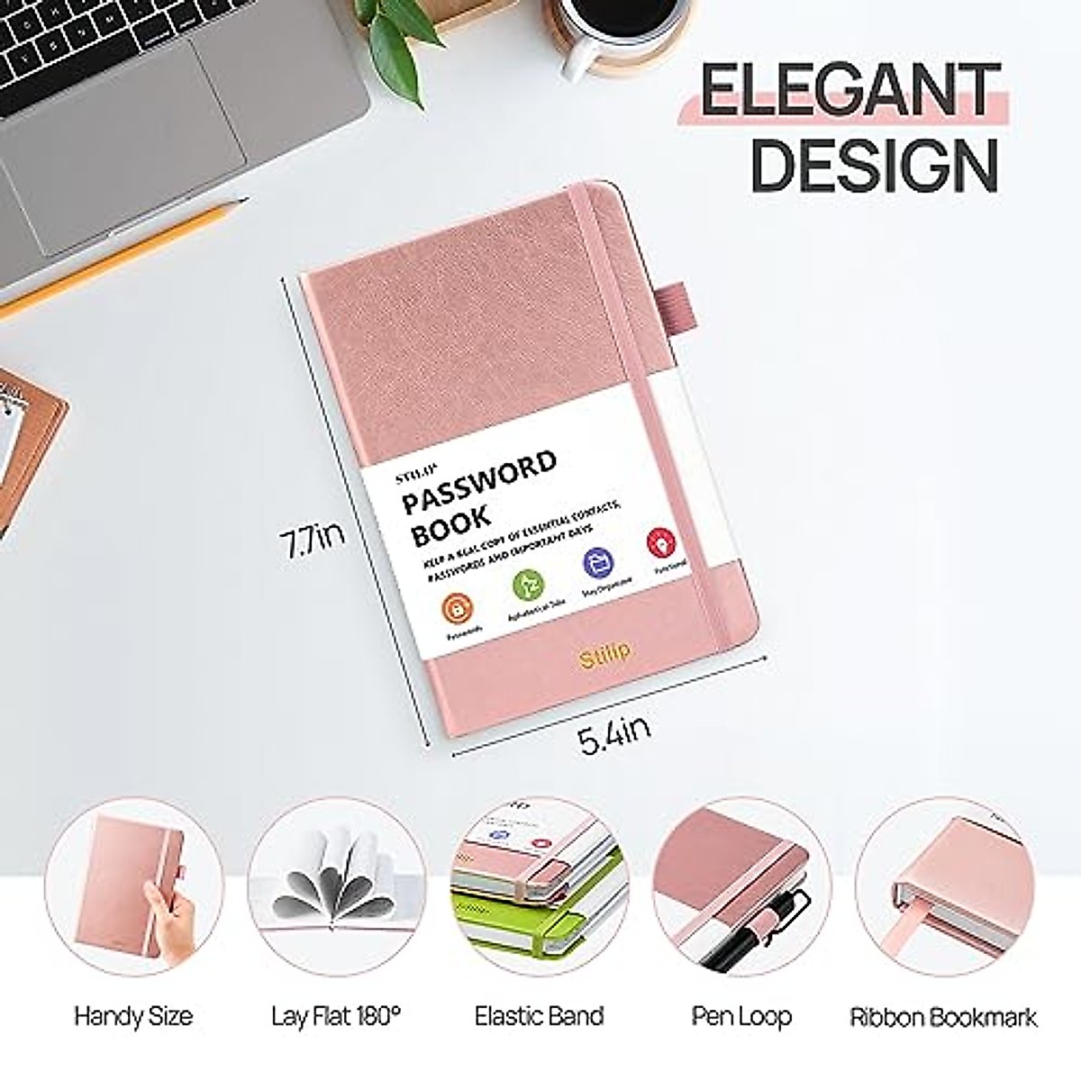 Stilip Password Book with Alphabetical Tabs - Upgraded Hardcover Password Keeper with PU,Perfect for Record Organize Your Passwords - Rose Gold