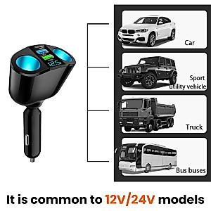 Moioee Cigarette Lighter Splitter, USB 2.4A & QC3.0 Type C with 2 Socket Cigarette Lighter Adapter, 12V/24V 120W Car Charger Splitter for GPS Dash Cam Laptop Cell Phone iPhone 14/13/12/11 (A+C 66W)