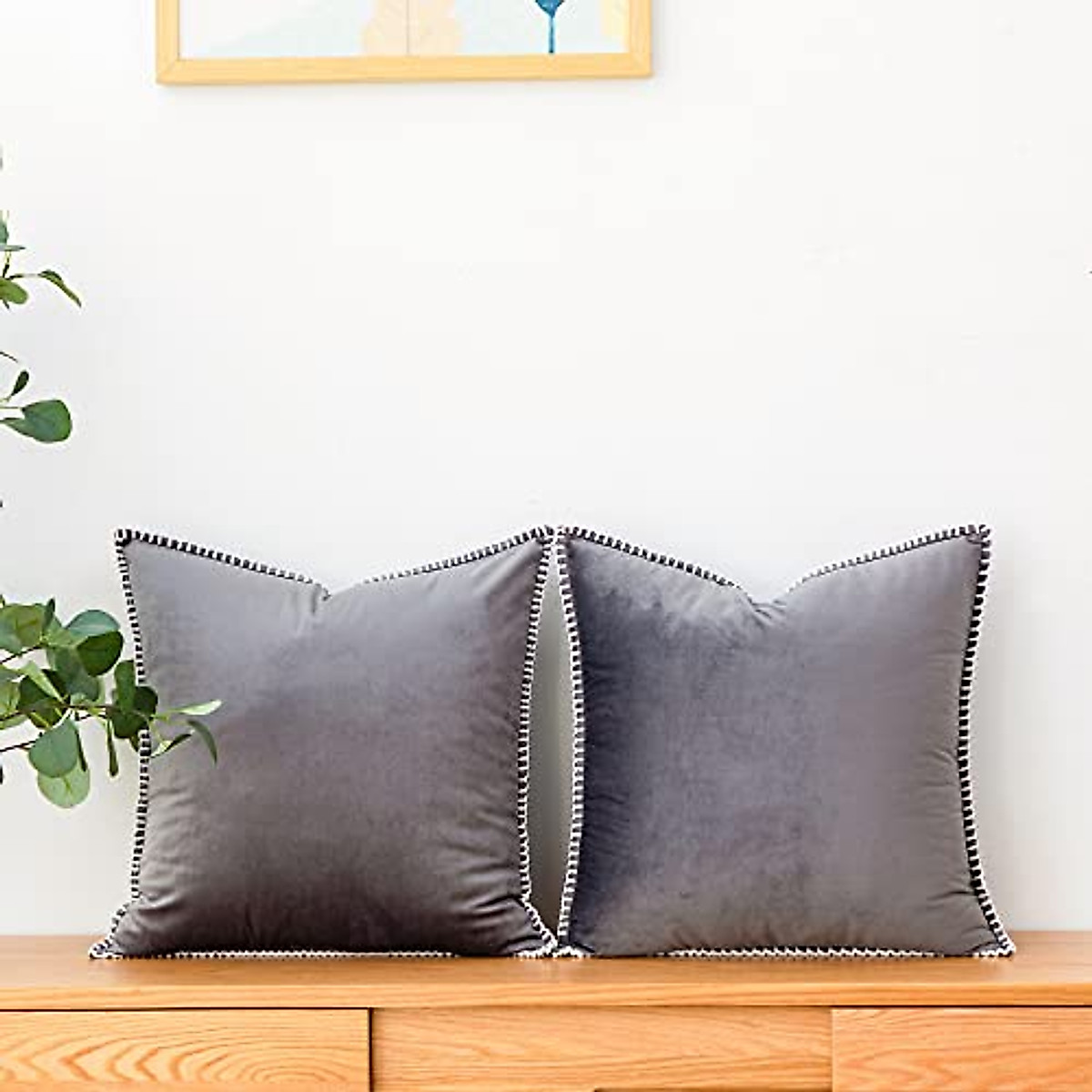 GAWAMAY Grey 16x16 Fall Pillow Covers,Pack of 2 Decorative Cushion Pillow Cases with Chenille Edge Soft Boho Decor Pillows for Living Room Sofa Couch Beding Green Velvet Euro Pillow (40x40cm)