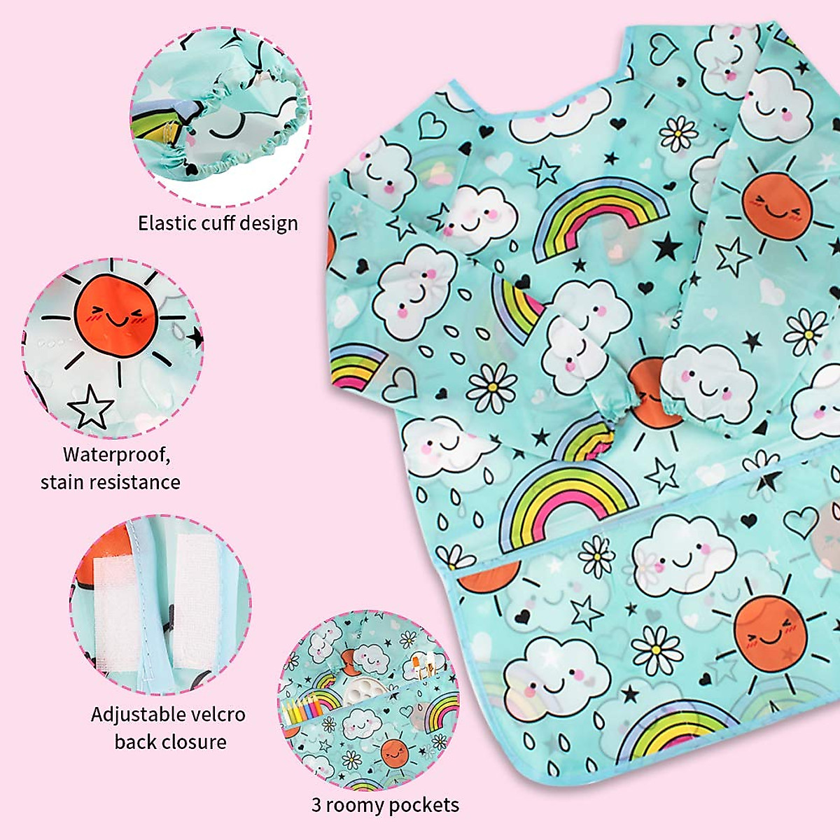 CUBACO 2 Pack Kids Art Smock Kids Waterproof Painting Apron Children's Artist Apron with Long Sleeve and 3 Pockets