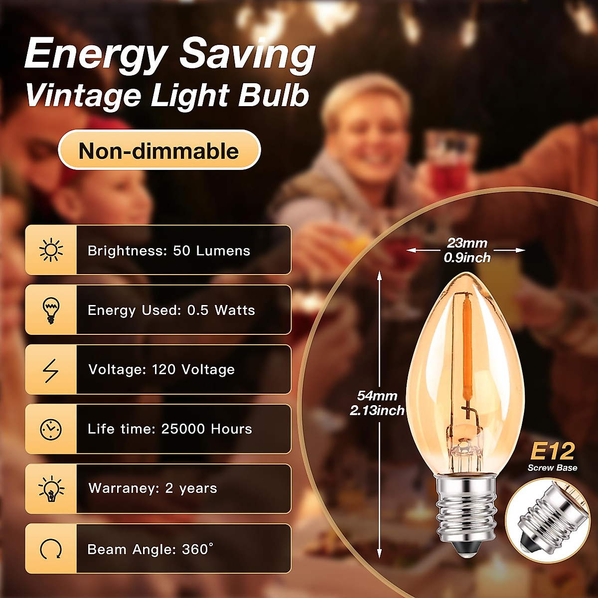 C7 LED Night Light Bulbs 0.5W, E12 Candelabra Base Candle Light Bulb Warm 2200K Equivalent 5W/7W Incandescent Bulb, Mini Light Bulbs for Chandelier Nightlight Salt Lamp Window Bulbs (2 Pack Gold)