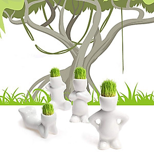 Lincox Mini Bonsai Head Grass Doll Hair White Ceramic Plant Garden, Tree Doll Grass Pot, Ceramic Air Head People Planters Air Plant Holders Table Top Display Planters for Mini Plants Garden Decor (C)