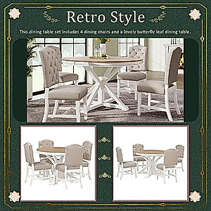 Dinehome 5-Piece Retro Style Extendable Round Dining Table Set with 4 Upholstered Chairs, Oak Natural Wood + Off White