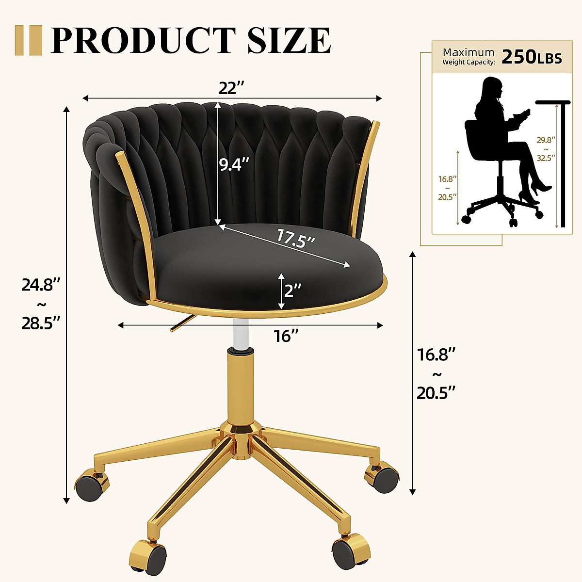 GOOLON Velvet Desk Chair, Modern Office Chair with Wheels, Home Swivel Vanity Armchair with Woven Back Comfy Height Adjustable Seat Sturdy Golden Metal Rolling Base for Makeup Bedroom, Black