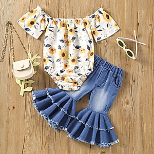 Omkzanbi Toddler Girl Bell Bottoms Outfit Sunflower Off Shoulder Bodysuit Romper Denim Flared Pants Summer Jean Outfit (White Blue, 12-18 Months)