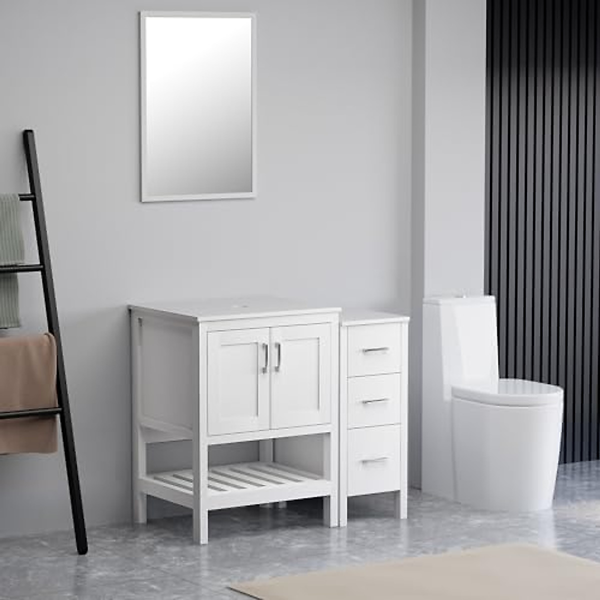eclife 36" Bathroom Vanities Sink Combo with Side Cabinet, Modern MDF White Cabinet with Open Shelf, Mirror (Vanity Only)