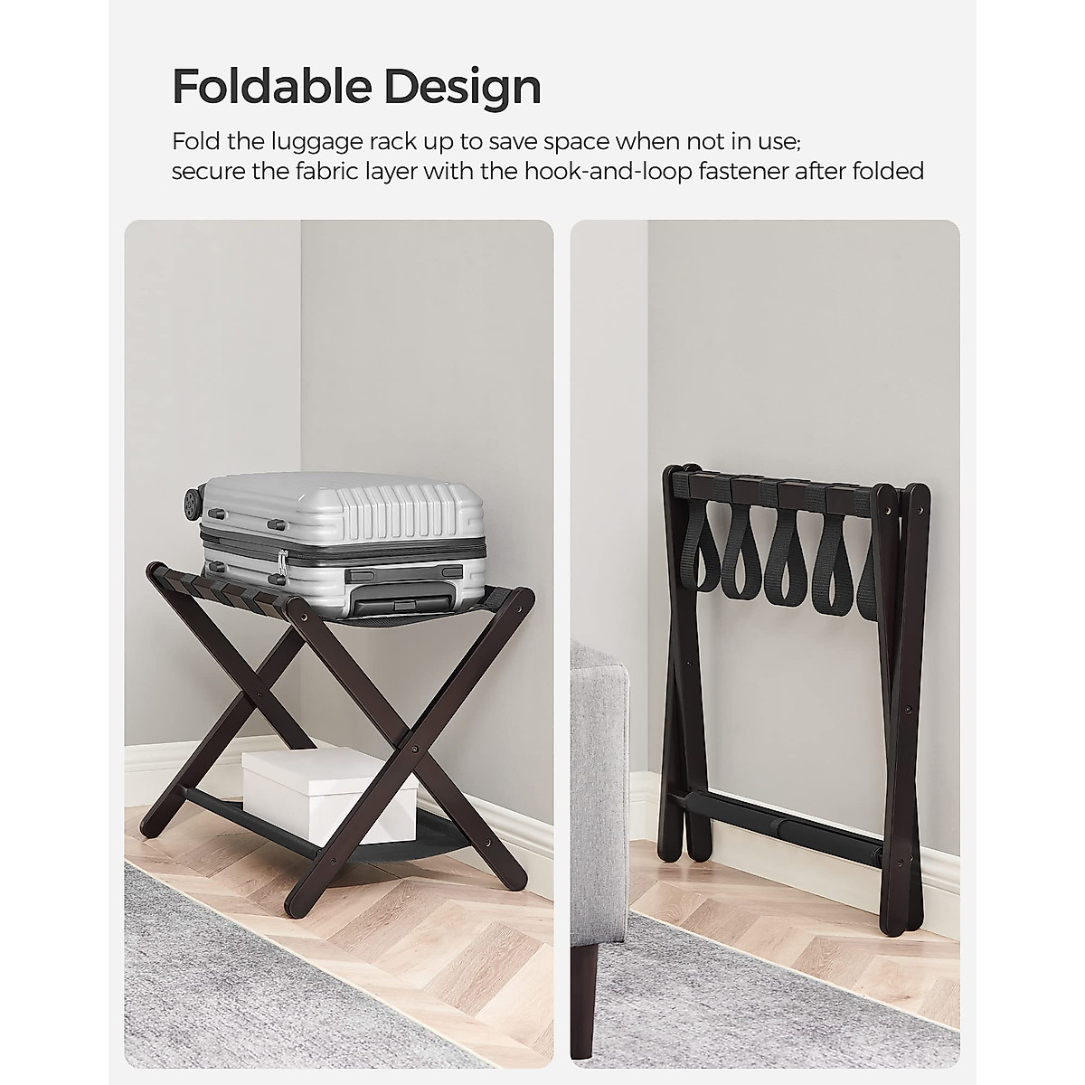 SONGMICS Luggage Rack, Wood Luggage Rack for Guest Room, Folding Suitcase Stand, for Hotel, Bedroom, Heavy-Duty, Holds up to 121 lb, Expresso and Black URLR006R01