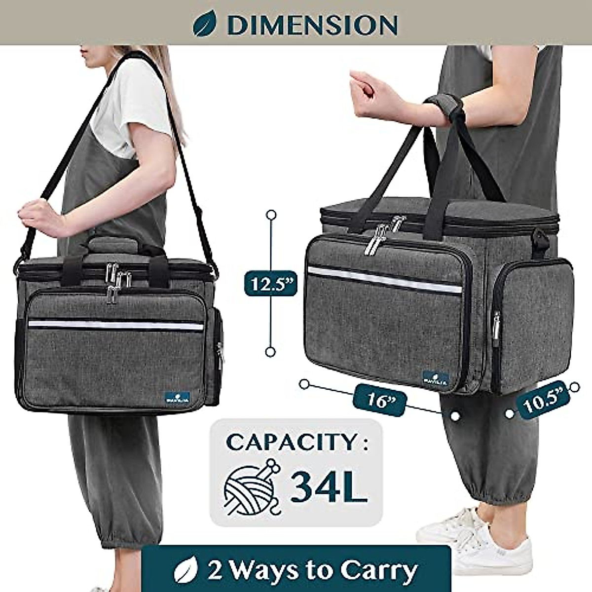 PAVILIA Knitting Bag Yarn Storage Tote, Large Crochet Organizer Bag, Yarn Storage Holder for Crocheting Knitter, Knitting Project Bag, Crochet Accessories Set, Gifts for Crochet Lovers, Charcoal Grey