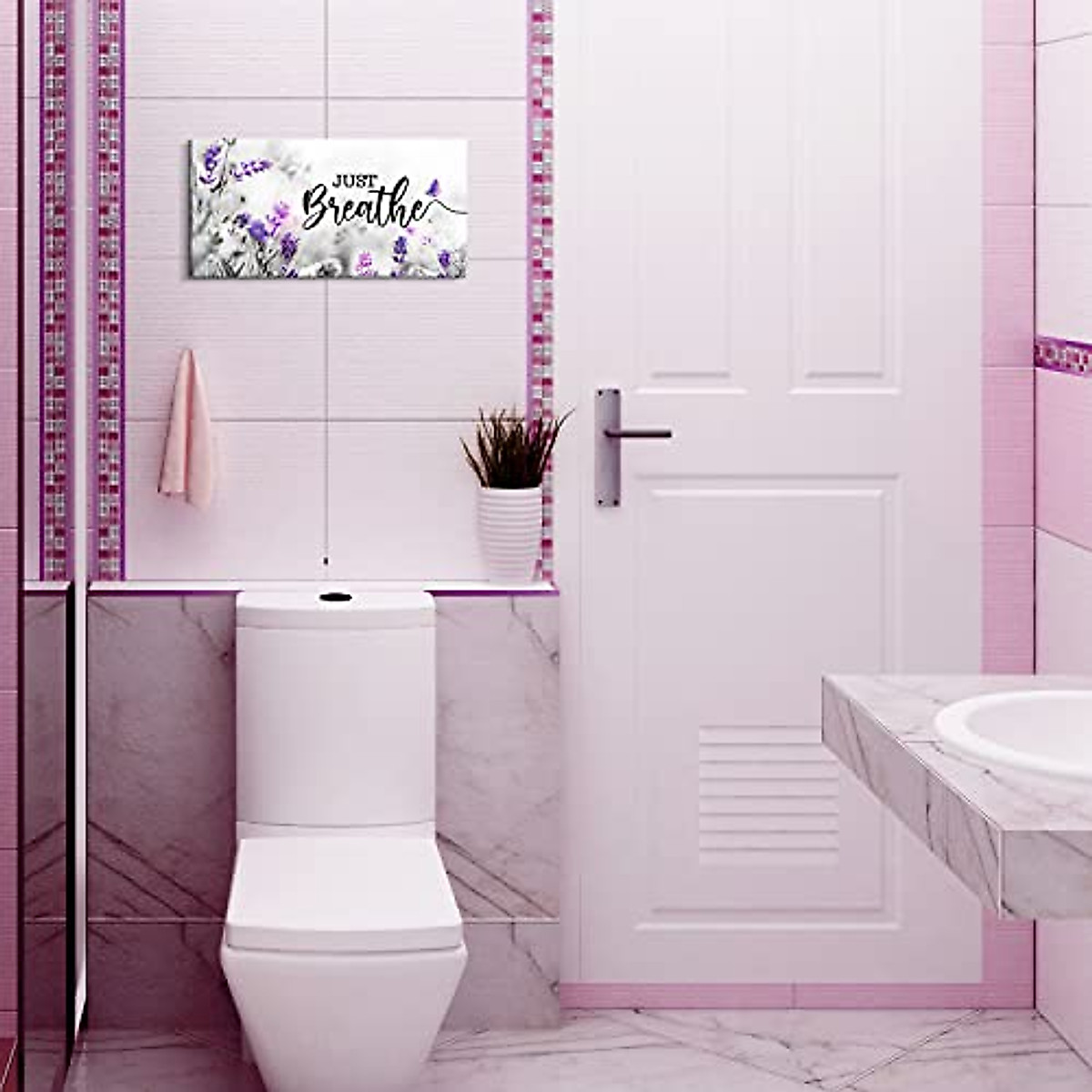 Creoate Just Breathe Bedroom Wall Art, Purple Lavender Picture with Inspirational Quotes Canvas Print Artwork for Home Decoration