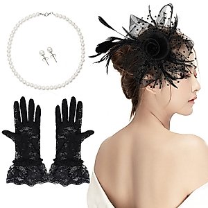 Fascinators Hat for Women Tea Party Hat Headband Set Wedding Flower Mesh Hair Clip with Veil Tea Party Headwear Lace Gloves Pearl Necklace and Earrings for Halloween Party Black