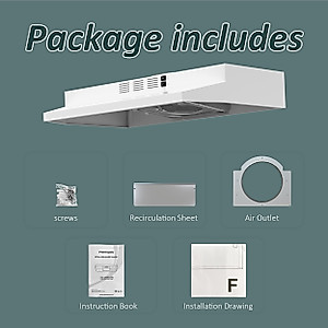 FIREGAS Range Hood 30 inch Under Cabinet Range Hood with 2 Speed Exhaust Fan,Ducted/Ductless Convertible,Rocker Button Control,300 CFM, White Vent Hood Aluminum Filter Included