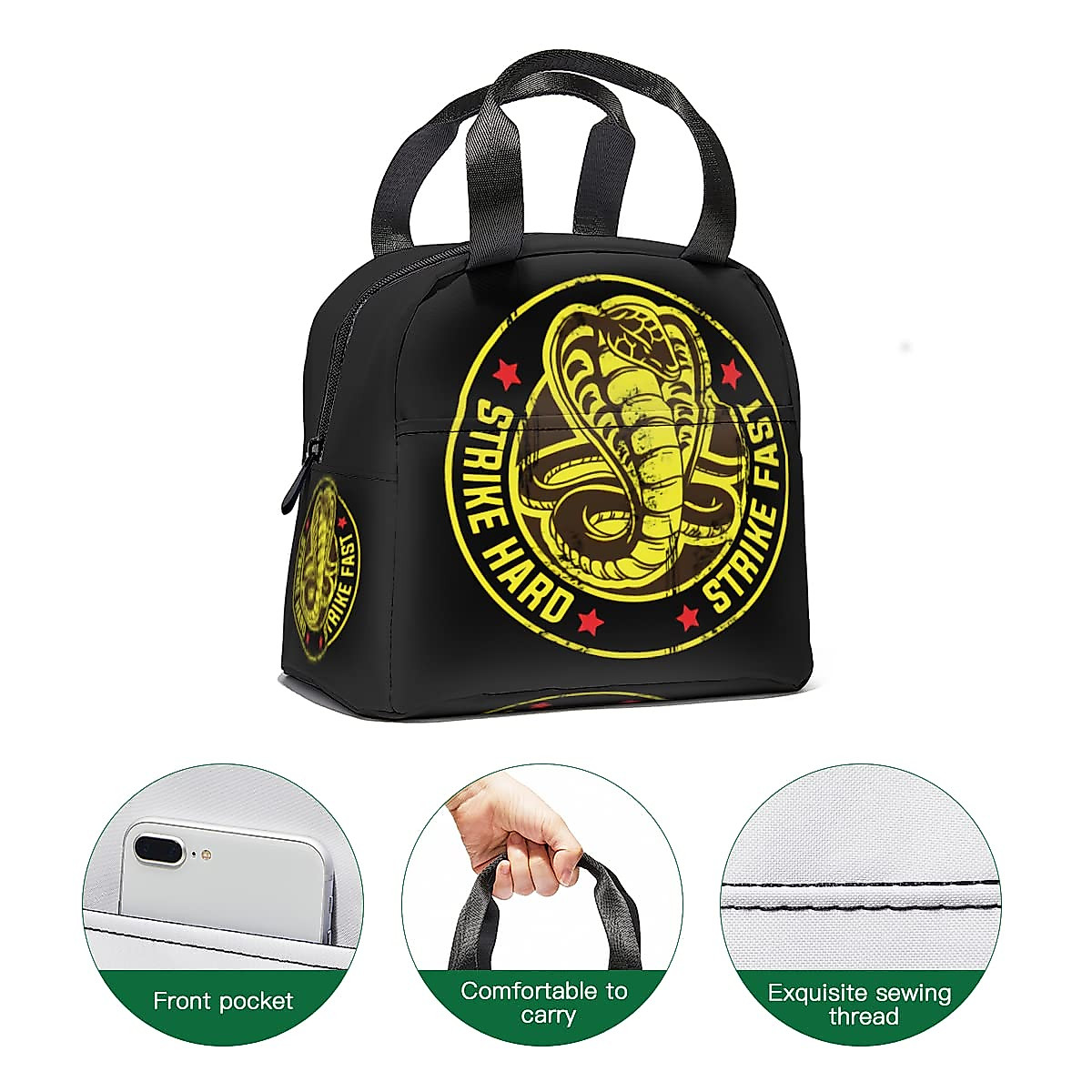 Cobra Strike Hard Fast No Mercy Karate Insulated Lunch Box Portable Thermal Cooler Tote Bag with Front Pocket Reusable Leakproof Lunch Bags for Women Men Girls Adults Work Hiking Picnic Travel