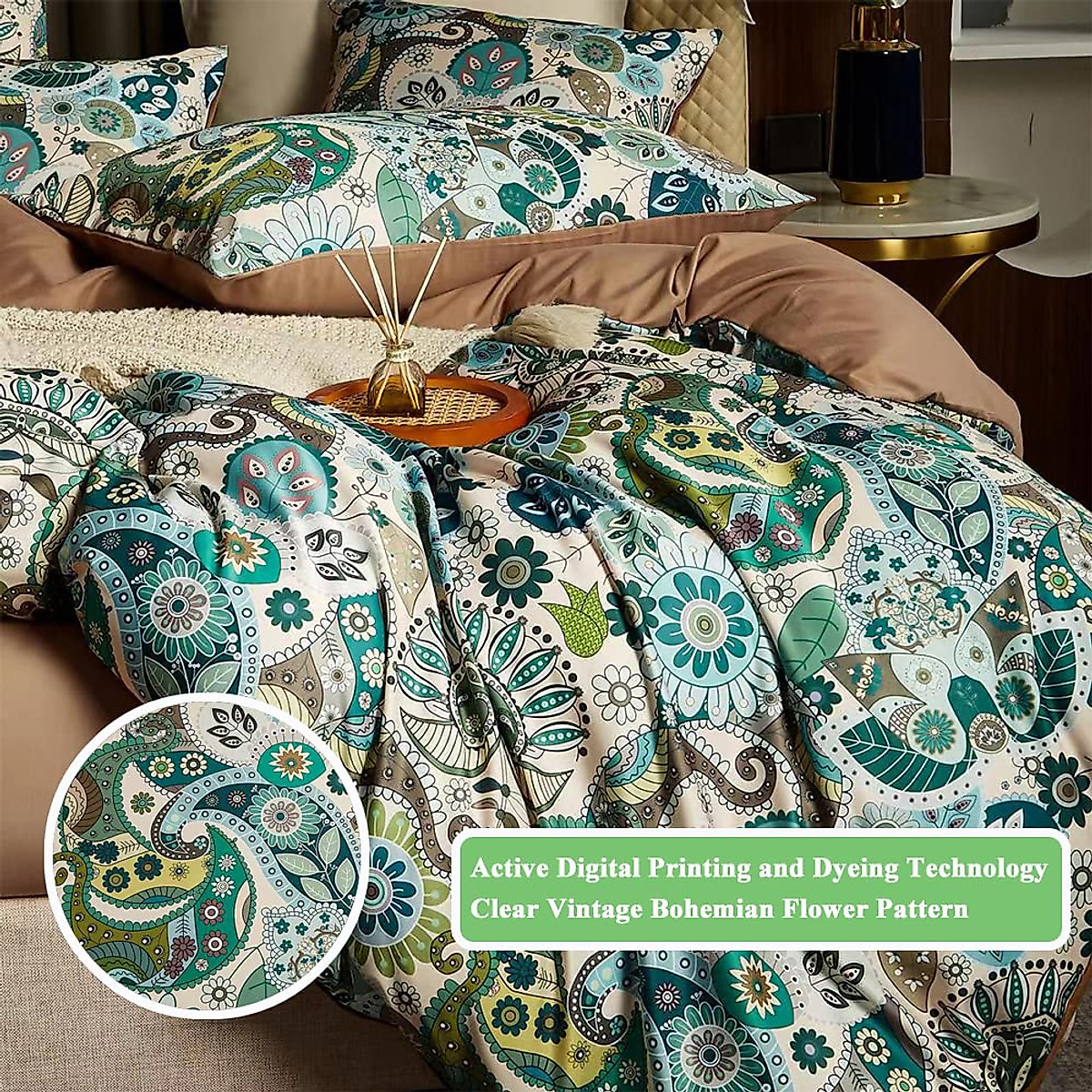 CinYana Paisley Floral Duvet Cover King Vintage Style Duvet Cover Set 5 PCS Boho Bedding Set Green Duvet Cover Set(Green,King/California King)
