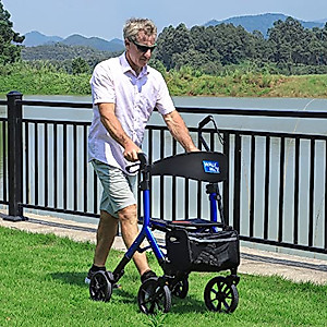 WALK MATE Rollator Walker for Seniors Taller 5.3~7ft with Height-Adjustable Seat, 10 Inch Wheels Wire-Hidden Walkers Compact Folding Design Lightweight Mobility Walking Aid Widen Backrest, Blue