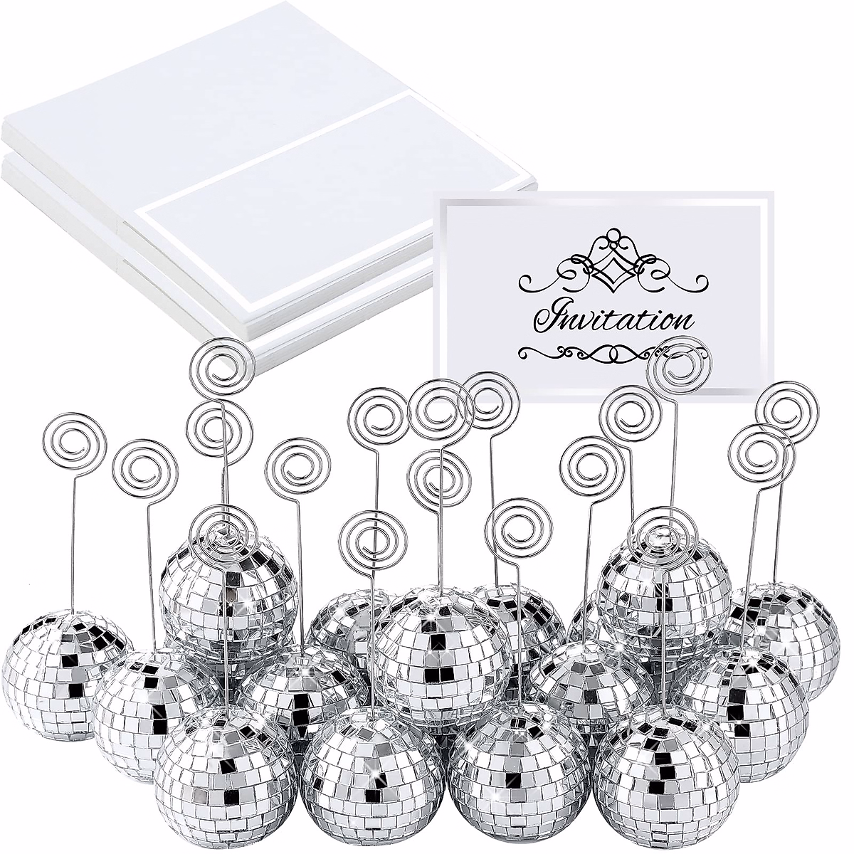 Maitys Disco Ball Place Card Holder Table Number Holders Disco Silver Picture Holders Photo Stand Swirl Wire Place Name Card Clips Picture Holder Stand for Christmas Wedding Party(2 Inch, 60 Pcs)