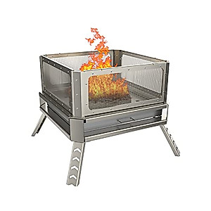 FlareTOP Portable Stainless Steel Fire Pit, Outdoor Foldable Firepit, Small Wood Burning Bonfire Pit, Camping BBQ Grill for Patio, Backyard, Log Grate, Poker