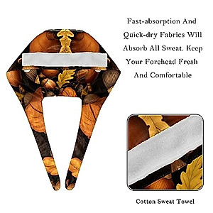 2Pcs Thanksgiving Acorn Nurses tie Back hat with Buttons,Sweatband Bouffant Hats,One Size