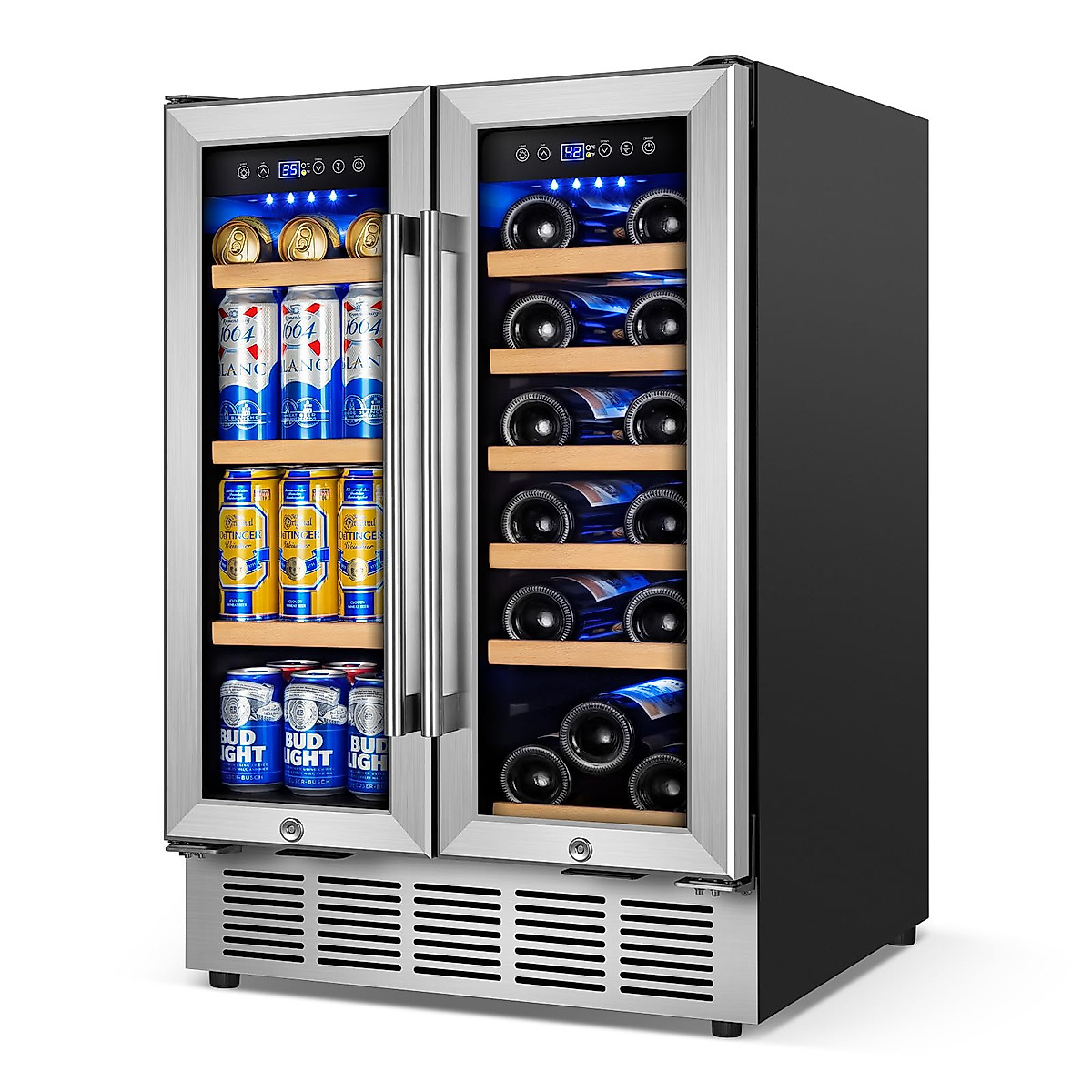 Wine and Beverage Refrigerator with Glass Door, 24-Inch Dual Zone Wine Fridge Under Counter - 18 Bottle and 65 Can Large Capacity Led Blue Light Smart Fast Cooling Wine Cooler