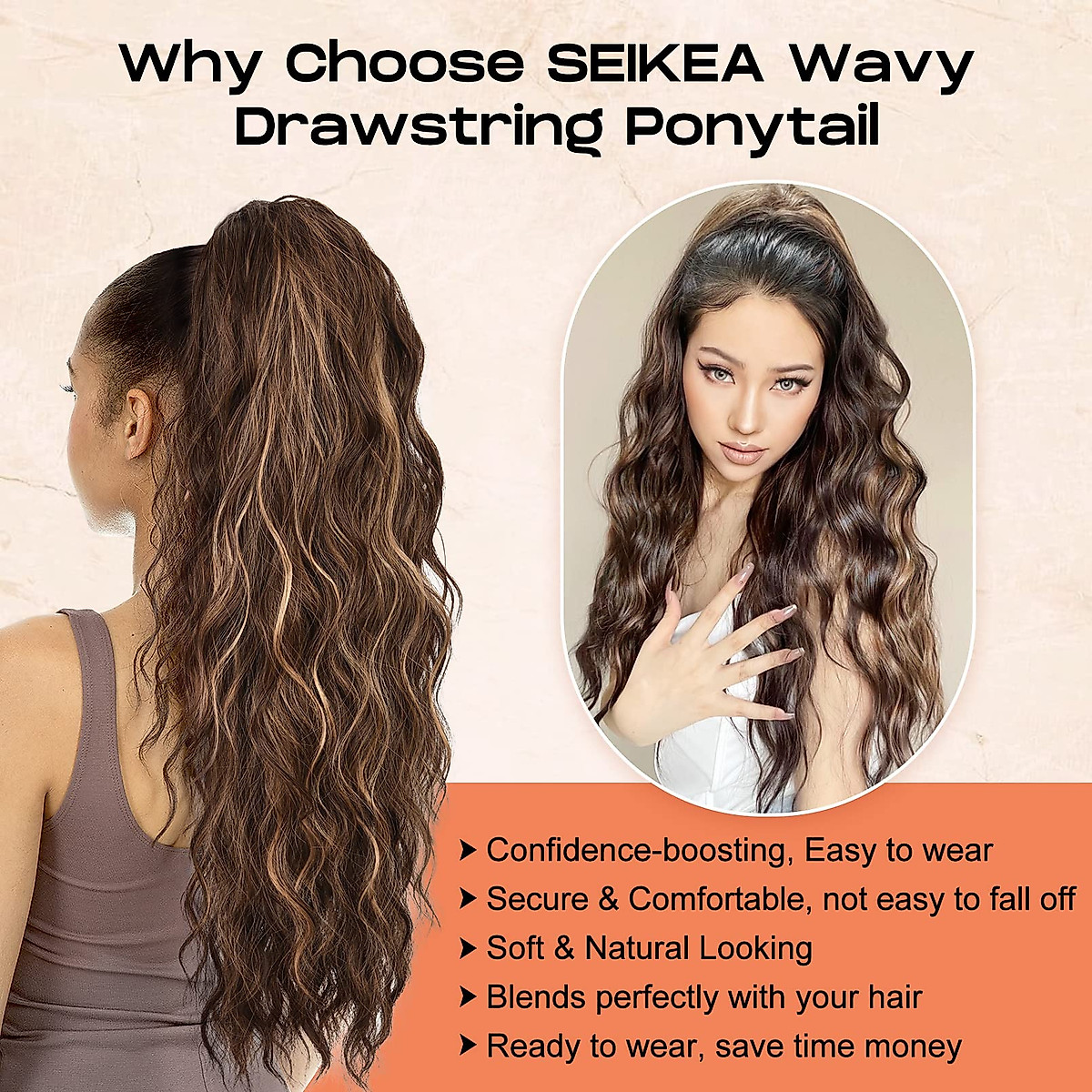 SEIKEA 26" Highlight Ponytail Extension，PT003 Eva Long Drawstring Ponytail Wavy Clip in Hair Extensions Ponytail Natural Soft Synthetic Hairpiece for Women Chocolate Brown with Blonde Highlights