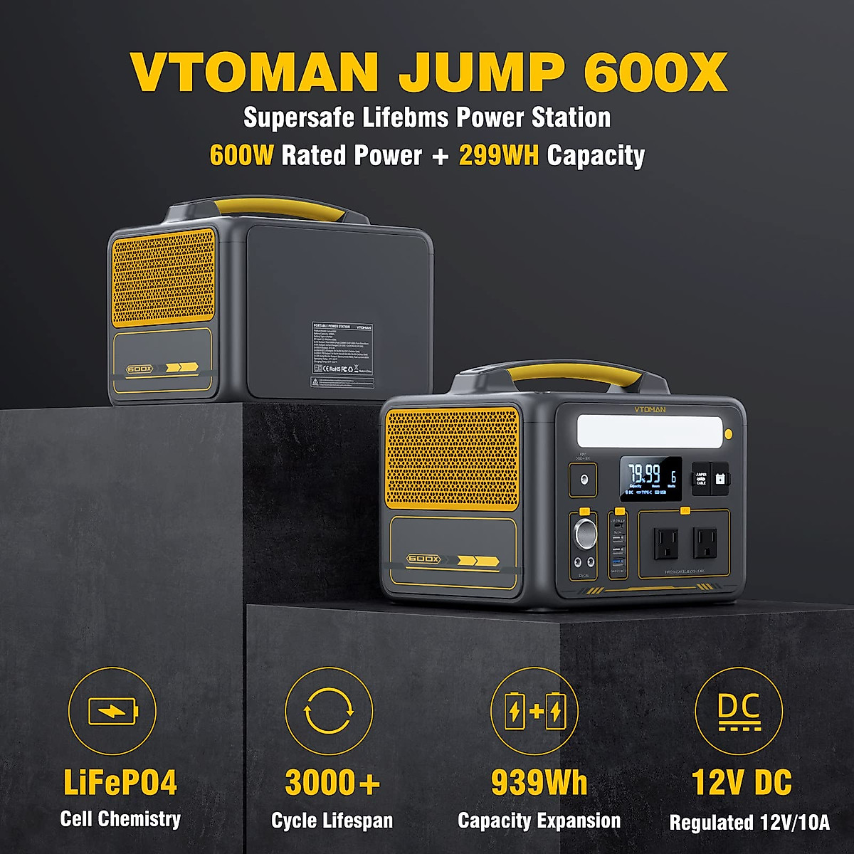 VTOMAN Jump 600X Portable Power Station 600W (1200W Peak), 299Wh LiFePO4 (LFP) Battery Powered Generator with 2x 110V/600W AC Outlets, 60W PD, Regulated 12V DC Output for RV/Van Camping & Home Backup