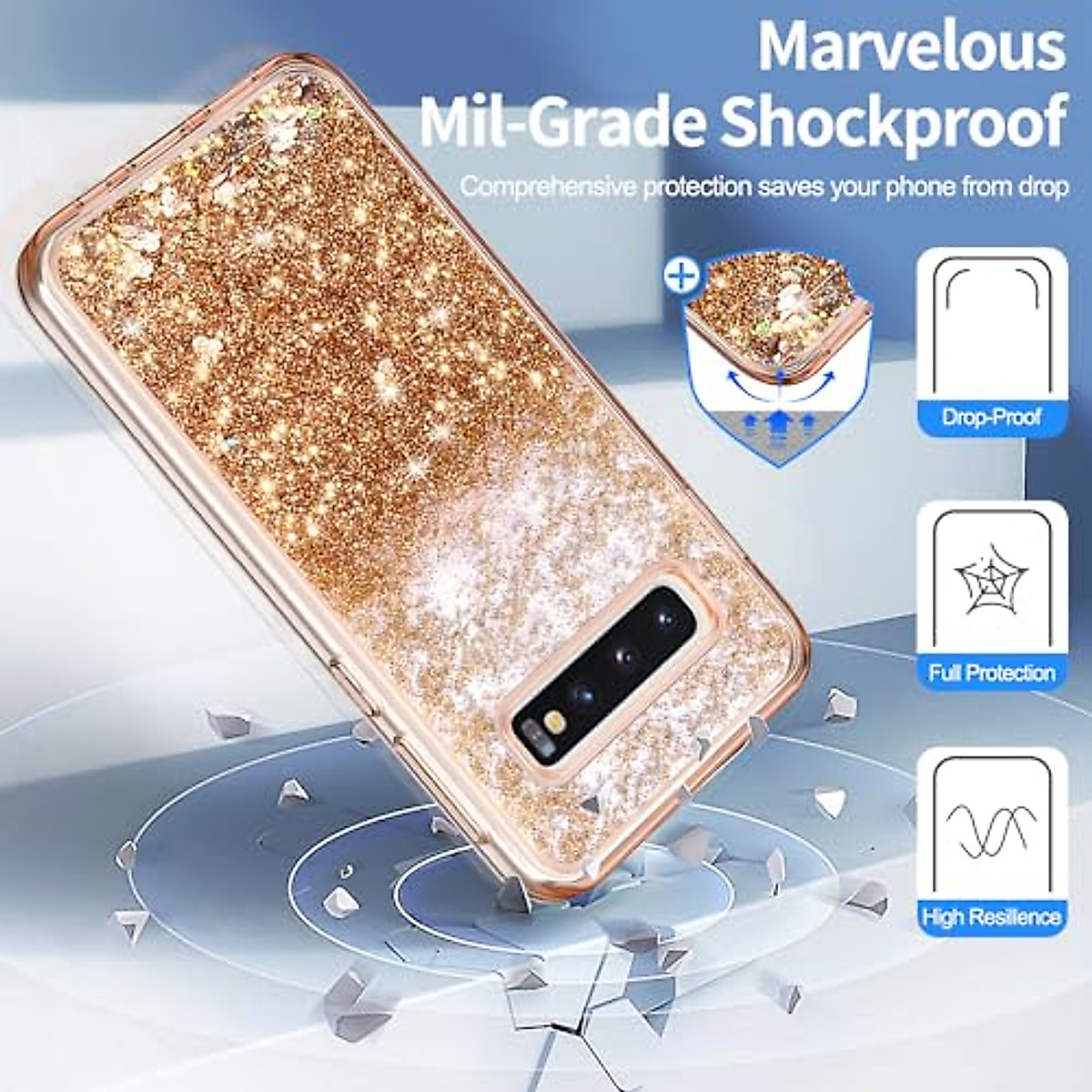 Coolden Case for Galaxy S10 Plus Cases Protective Glitter Case for Women Girls Cute Bling Sparkle Quicksand Heavy Duty Cover Hard Shell Shockproof TPU Case for Samsung Galaxy S10 Plus, Rose Gold