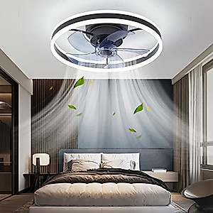 monard Ceiling Fans with Lights, 19.7" Low Profile Flush Mount Ceiling Fan with Remote Control, Small Ceiling Fan with Dimmable Led Lights for Bedroom, Bladeless, APP Control(Black)