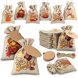 36 Pcs Thanksgiving Burlap Bags Thanksgiving Treat Goodies Bags Pumpkin Turkey Burlap Gift Bags with Drawstring Fall Candy Bags with Pumpkin Card Small Drawstring Pouch for Thanksgiving Fall Party