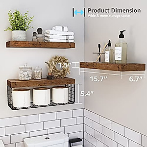 QEEIG Bathroom Shelves Over Toilet Wall Mounted Floating Shelves Farmhouse Shelf Toilet Paper Holder Small 16 inch Set of 3, Rustic Brown