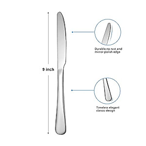 Drun 9-Piece Dinner Knives Set, Stainless Steel Silverware Set, Mirror Polished Kitchen Utensil Use for Home, Kitchen or Restaurant, Flatware Cutlery Dishwasher Safe (Silver 9 Inch)