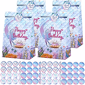Chrisfall 28 Pieces Mermaid Gift Paper Bags with Stickers, Mermaid Party Candy Treat Bags Under the Sea Gift Bags for Mermaid Theme Birthday Baby Shower Party Favor