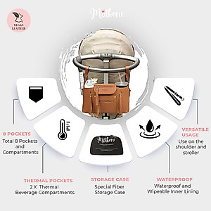 motheric Brown Leather Universal Stroller Organizer Shoulder bag with insulated cup holder, Shoulder strap - Parent console Caddy with strollercup holder