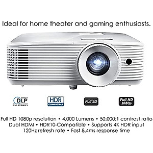 Optoma HD39HDRx High Brightness HDR 1080p Home Theater Projector | 120Hz Refresh Rate | 4,000 Lumens | Fast 8.4ms Response time with 120Hz | Easy Setup, 1.3X Zoom | 4K Input | Quiet 26 dB Operation
