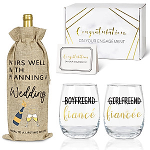 Engagement Gifts for Couples, Wine Coffee Glass Engaged Gift Set with Wine Bag for Women his and her him Fiance Fiancee Friend Girlfriend Boyfriend Newlywed, Bride and Groom to be, Bridal Shower Gift