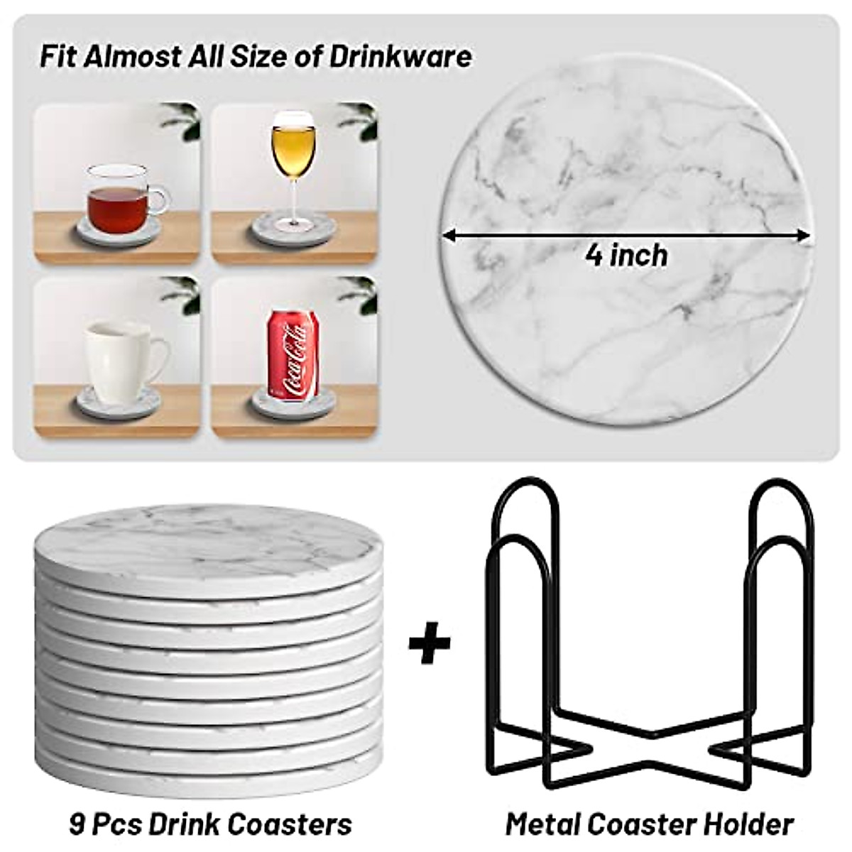 9 Pieces Ceramic Coasters for Drinks with Holder, Billbotk Absorbent Drink Coasters for Coffee Table, Marble Style Coasters Wooden Table, Suitable for Kinds of Cups, 4 Inches