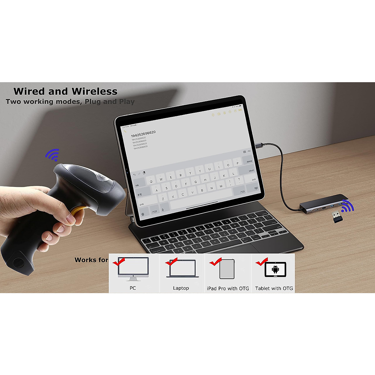 TEEMI Wireless Barcode Scanner Handheld Automatic 1D Laser Rechargeable Bar Code Reader USB Plug and Play with 2.4G Receiver for Windows PC Mac OS Linux (No stand)