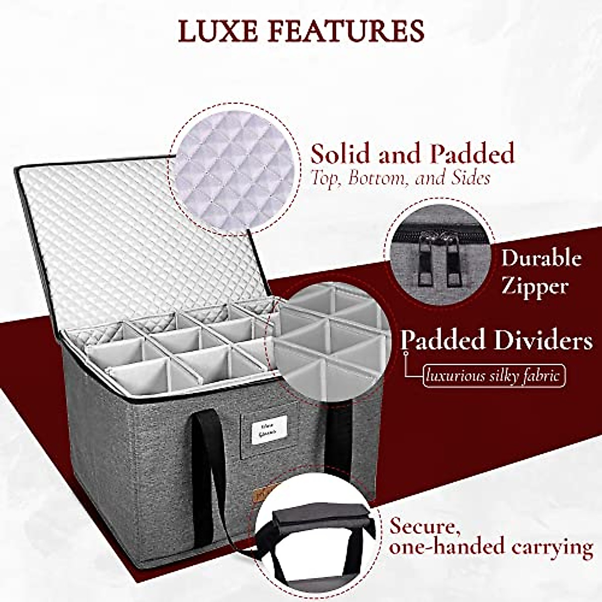 MyLuxe Wine Glass Storage Box - Case with Dividers for Wine Glasses, Crystal and Champagne Flutes, Padded Container with Sturdy Handle
