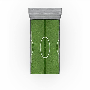 Ambesonne Teen Room Fitted Sheet, Soccer Field Grass Motif Stadium Game Match Winner Champion Sports Area, Bed Cover with All-Round Elastic Deep Pocket for Comfort, Twin Size, Fern Green White