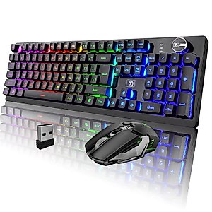 FELICON Wireless Gaming Keyboard and Mouse Set, RGB Backlit Rechargeable 4800mAh Battery, Mechanical Feel Anti-ghosting Keyboard, Control Knob for Multi-Media, Mute Gaming Mouse for Windows PC Gamer