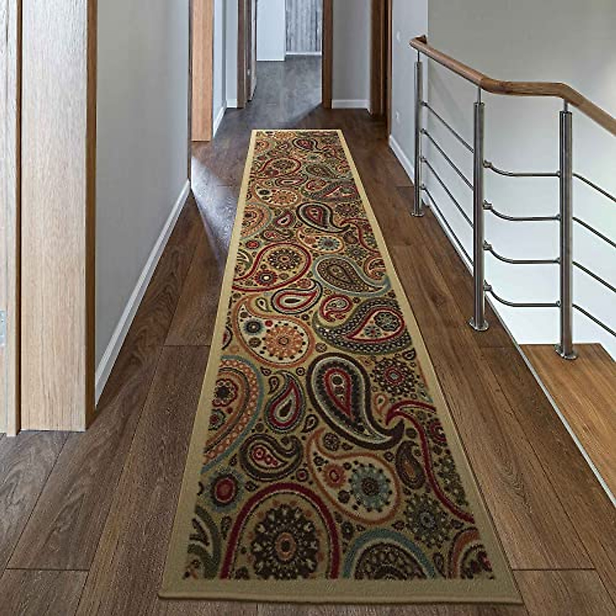 Ottomanson Ottohome Collection Non-Slip Rubberback Paisley Design 3x10 Indoor Runner Rug, 2'7" x 9'10", Beige