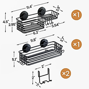 LEVERLOC Shower Caddy Suction Cup, 2 Pack Shower Shelves for Inside Shower with Hooks & Soap Holder, NO-Drilling Shower Organizer, Rustproof Shower Caddies Storage, Black