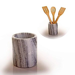 Premium Marble Utensil Holder- Multi-purpose Holder- Pen Holder- Wine Chiller- Flower Vase (White & Grey Marble- Medium)