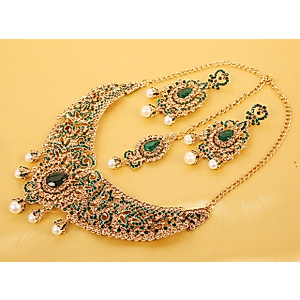 Touchstone New Indian Bollywood Desire Traditional Filigree Faux Green Emerald Color Exclusive Grand Bridal Jewelry Necklace Set in Antique Gold Tone for Women