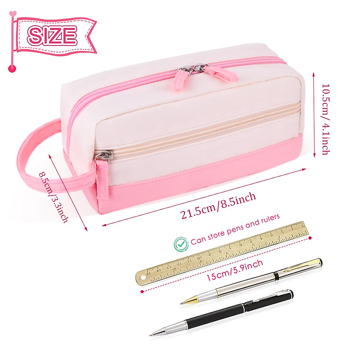 Oyachic Big Capacity Pencil Case Double Zipper Pen Pouch Organizer Storage Cosmetic Makeup Bag with Handle for Adults Women Office (Pink)