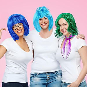 Taiyin 5 Pcs Halloween Group Costume Blue Bob Wigs Short Green Wig Halloween Team Movie Characters Costume Party Cosplay