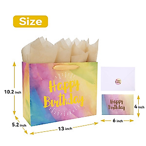 wishinside 13" Large Yellow Watercolor Gift Bag Set & Greeting Card and Tissue Papers (Gold Foil‘Happy Birthday’) for Women's, Men's, Girls, Boys, Baby Shower