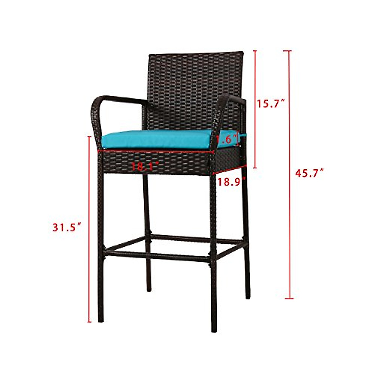 Kinsunny 2 PCs Patio Wicker Rattan Bar Stools Bistro Set Tall Stools Chair All Weather Outdoor Furniture Barstool with Cushions and Armrest, Brown