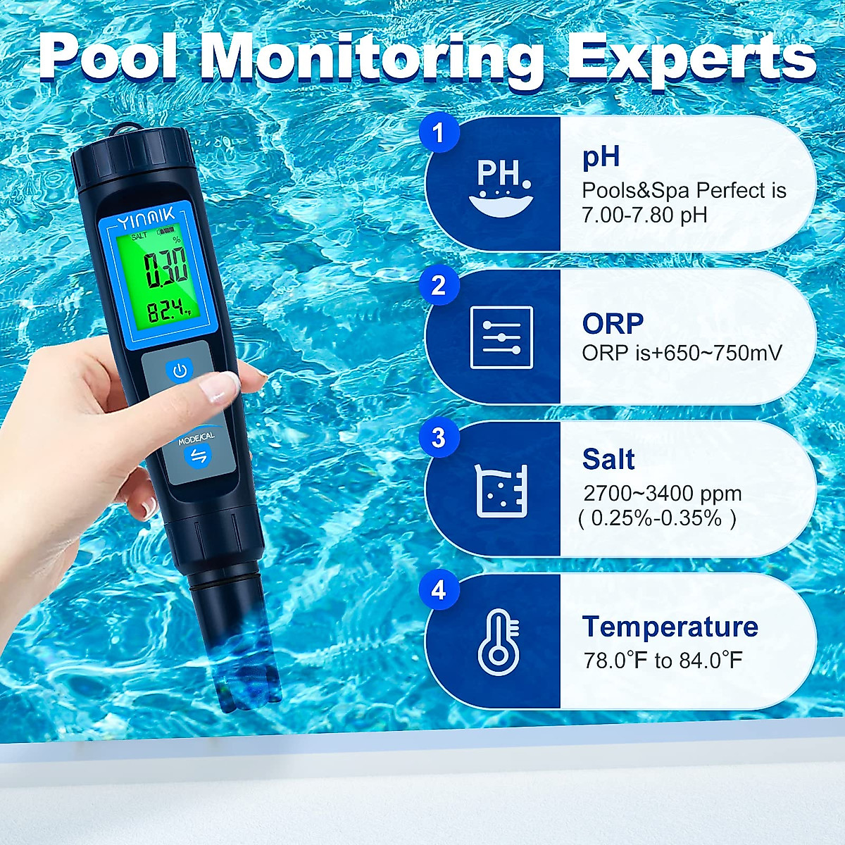 YINMIK pH Salt ORP Tester, Digital pH Meter for Aquarium, 7 in 1 pH TDS EC Salt ORP S.G Temp Pool Salt Tester for Spa,Hot Tub,Home Brewing,pH ppm EC Meter for Hydroponics,ORP Meter for Drinking Water