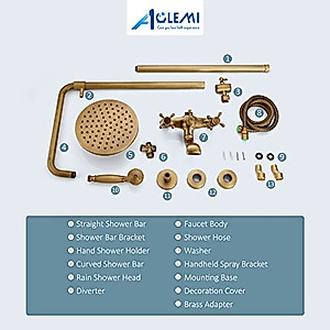 Aolemi Antique Brass Tub Shower Faucet 8 Inch Shower Head Vintage Shower Fixture Set Mixer Handheld Spray Triple Function Shower Combo